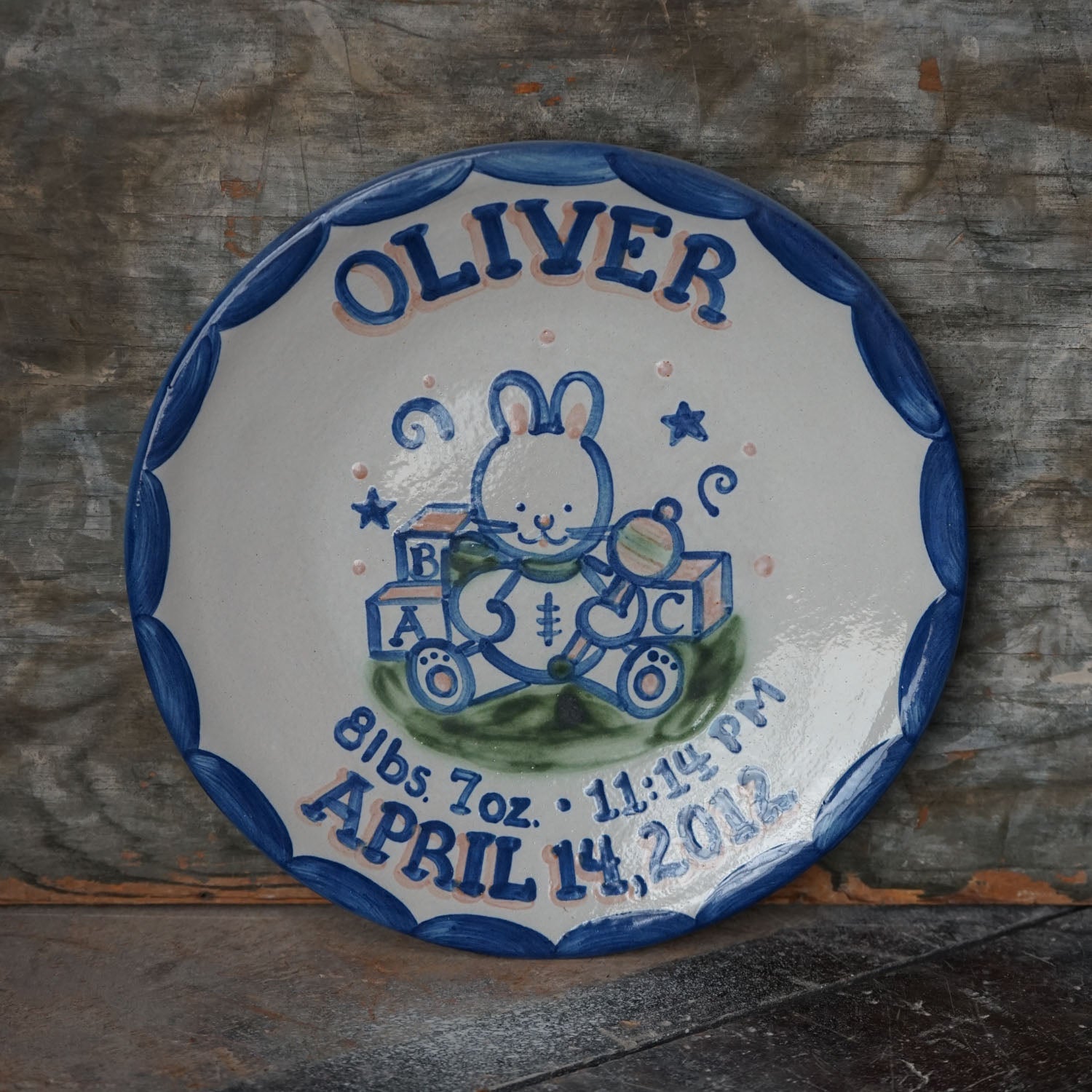 Personalized Birth Plate - Bunny with Blocks